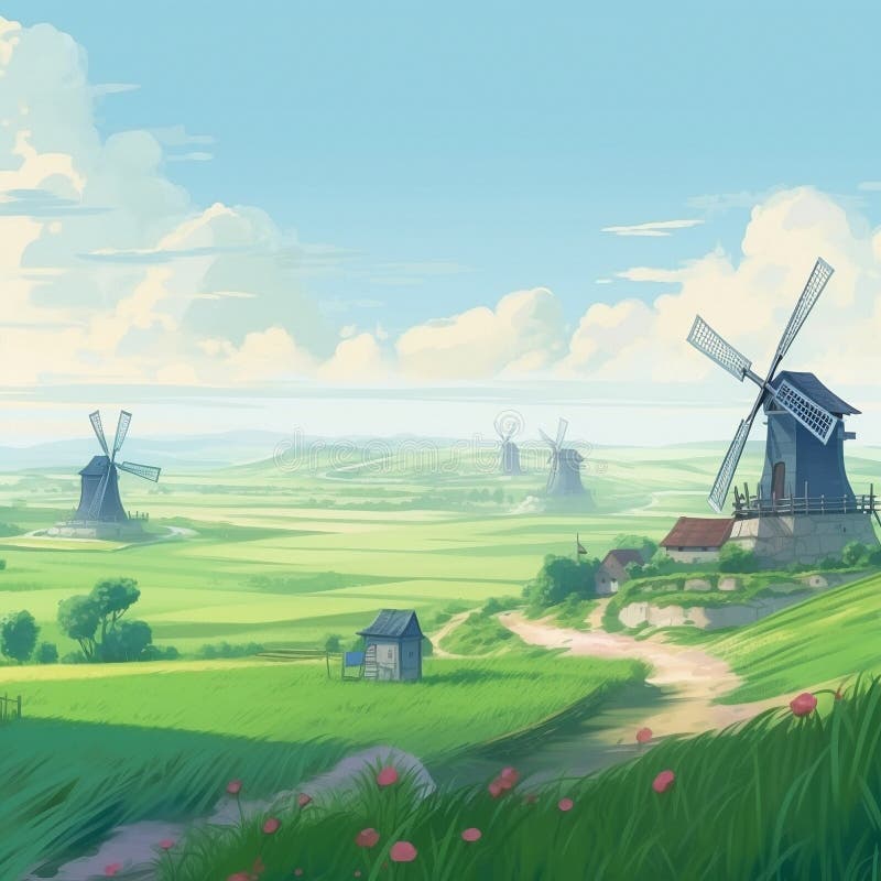 Windmills in a Field in Anime Style Stock Illustration - Illustration ...