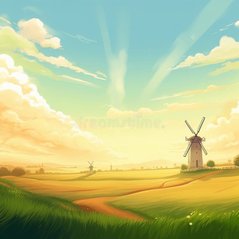 Windmills in a Field in Anime Style Stock Illustration - Illustration ...