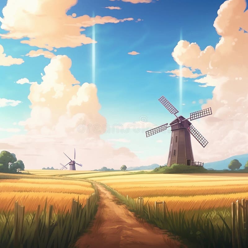 Windmills in a Field in Anime Style Stock Illustration - Illustration ...