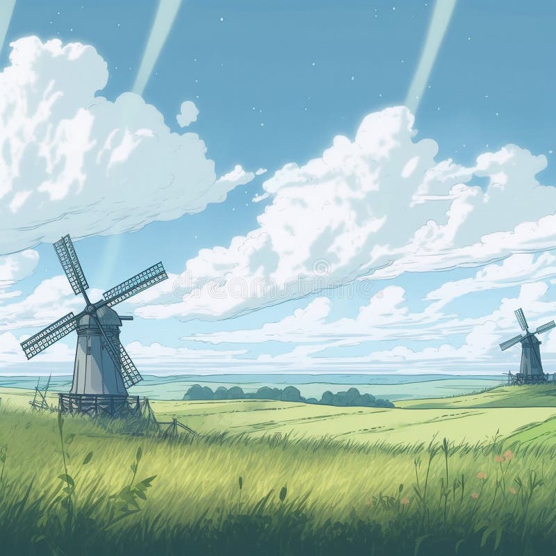 Windmills in a Field in Anime Style Stock Illustration - Illustration ...