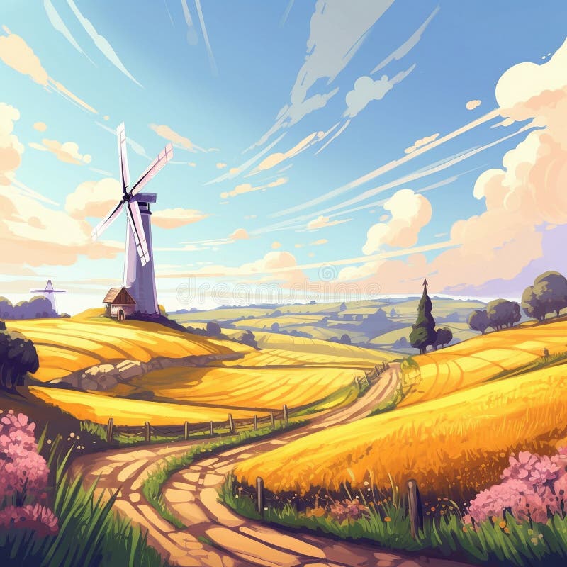 Windmills in a Field in Anime Style Stock Illustration - Illustration ...