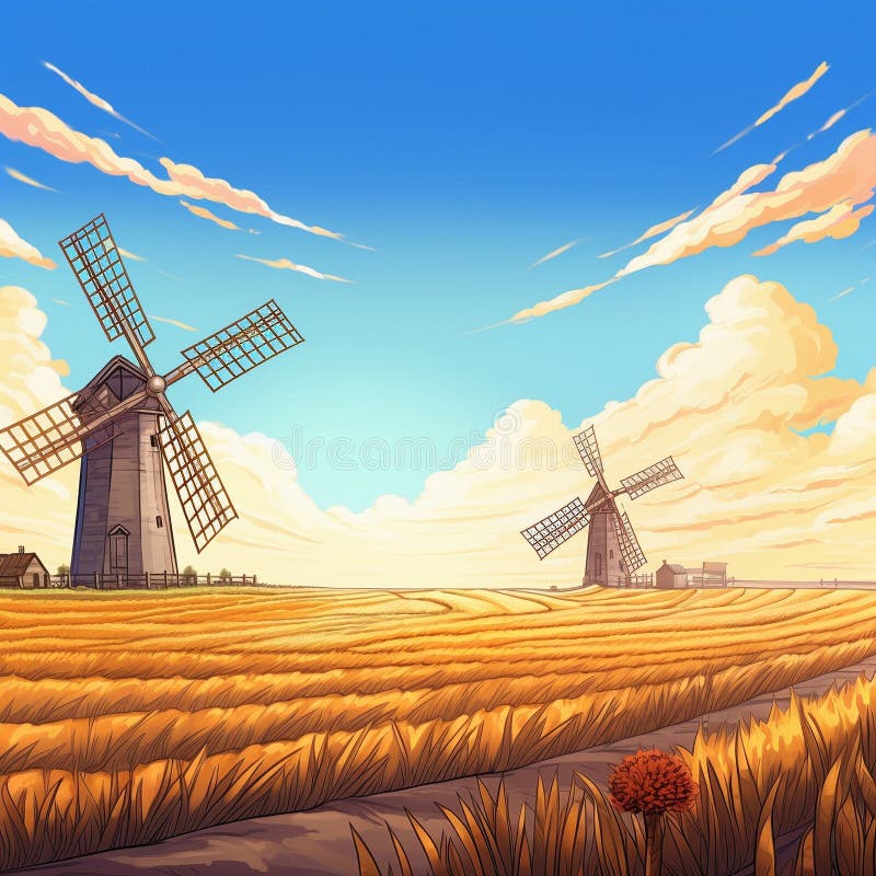 Windmills in a Field in Anime Style Stock Illustration - Illustration ...