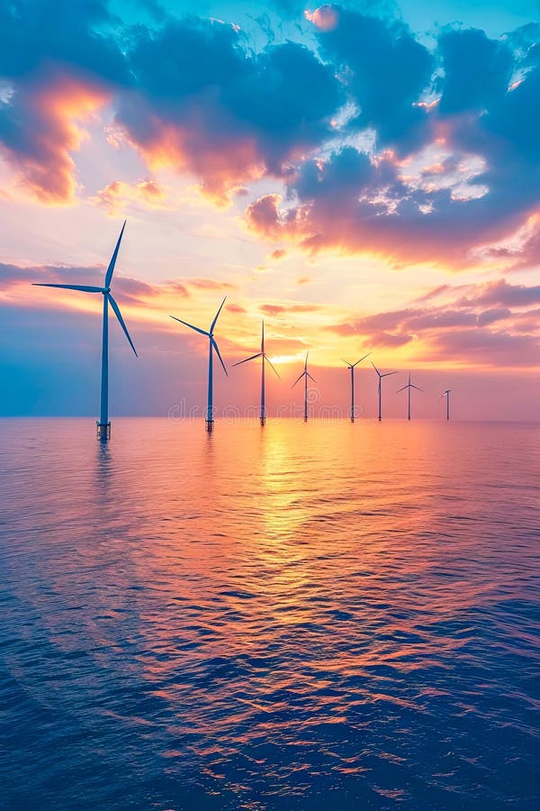 Windmills Floating in the Ocean at Sunset Stock Image - Image of ...