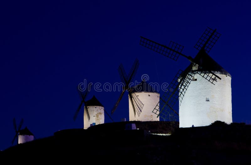 Windmills at Night, Consuegra, Castile-La Mancha, Spain Stock Image ...