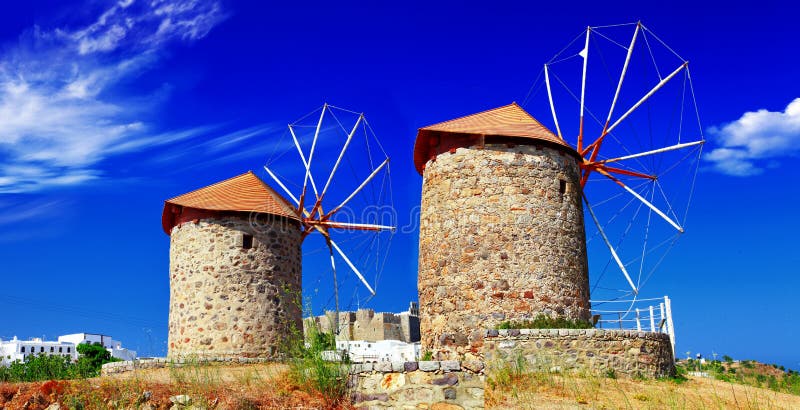 Windmills of Patmos island stock image. Image of chora - 33026349