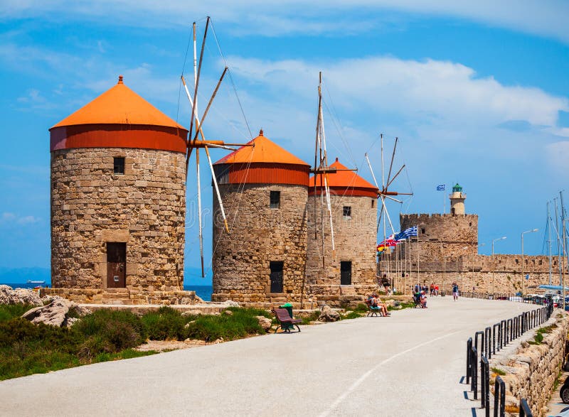 Windmills in Rhodes Island, Greece Stock Photo - Image of tourism, blue ...