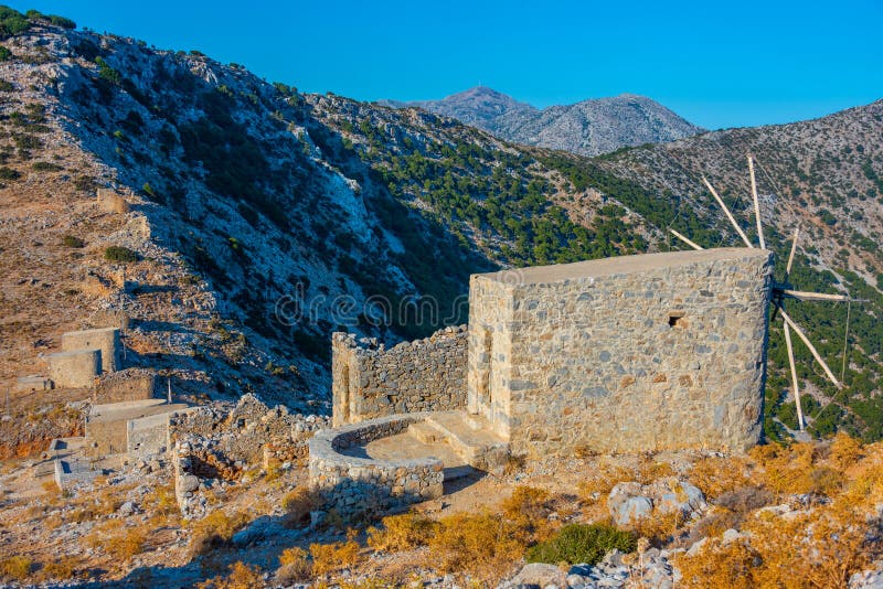 Windmills of Seli Ambelou at Greek Island Crete Stock Image - Image of ...