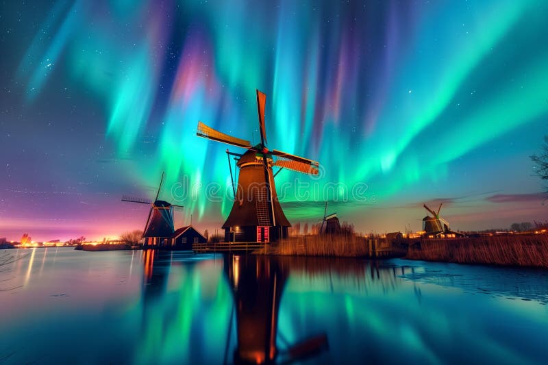 Windmills Under the Vibrant Colors of an Aurora Borealis. Stock ...