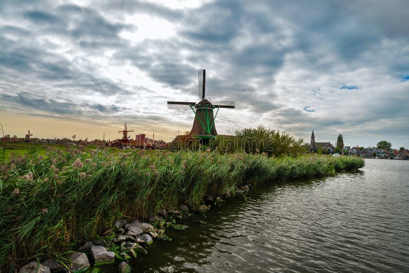 Windmills of Zaanse Schans Town in Zaanstad Stock Image - Image of ...