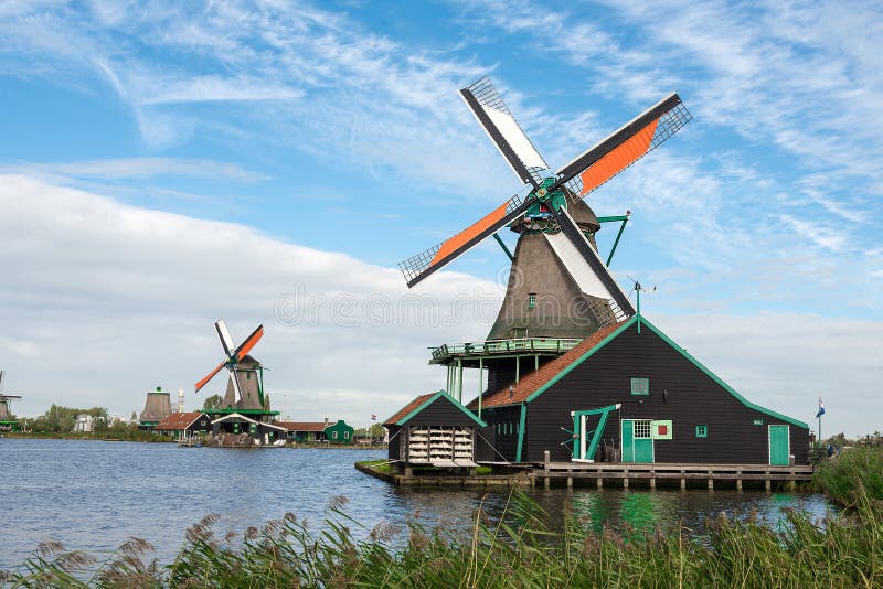 Windmills of Zaanse Schans Town in Zaanstad Stock Image - Image of mill ...