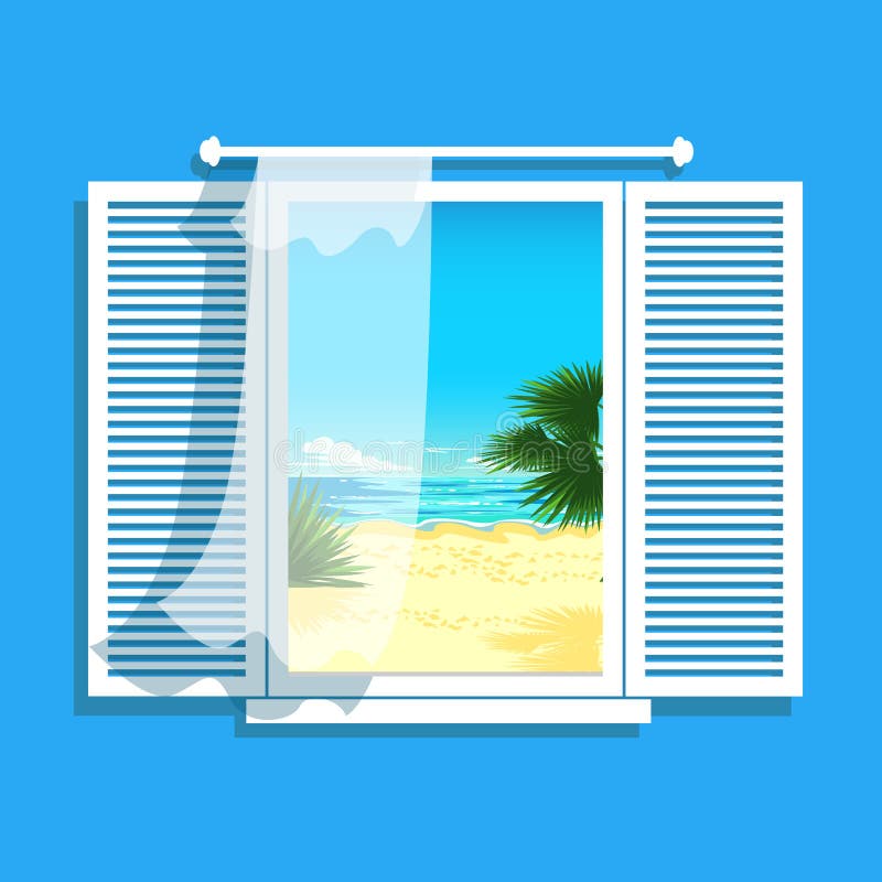 Open Window Overlooking a Tropical Beach Stock Vector - Illustration of ...