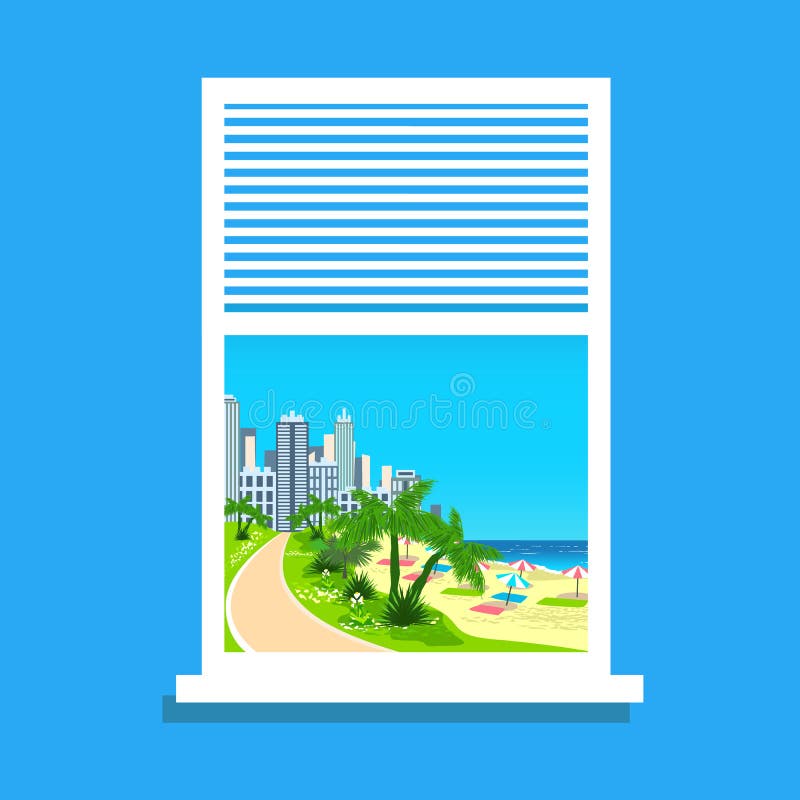 Open Window Overlooking a Tropical Beach Stock Vector - Illustration of ...