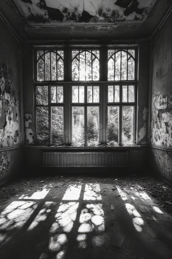 Window of an Abandoned Building with a View of Trees and a Field. Stock ...
