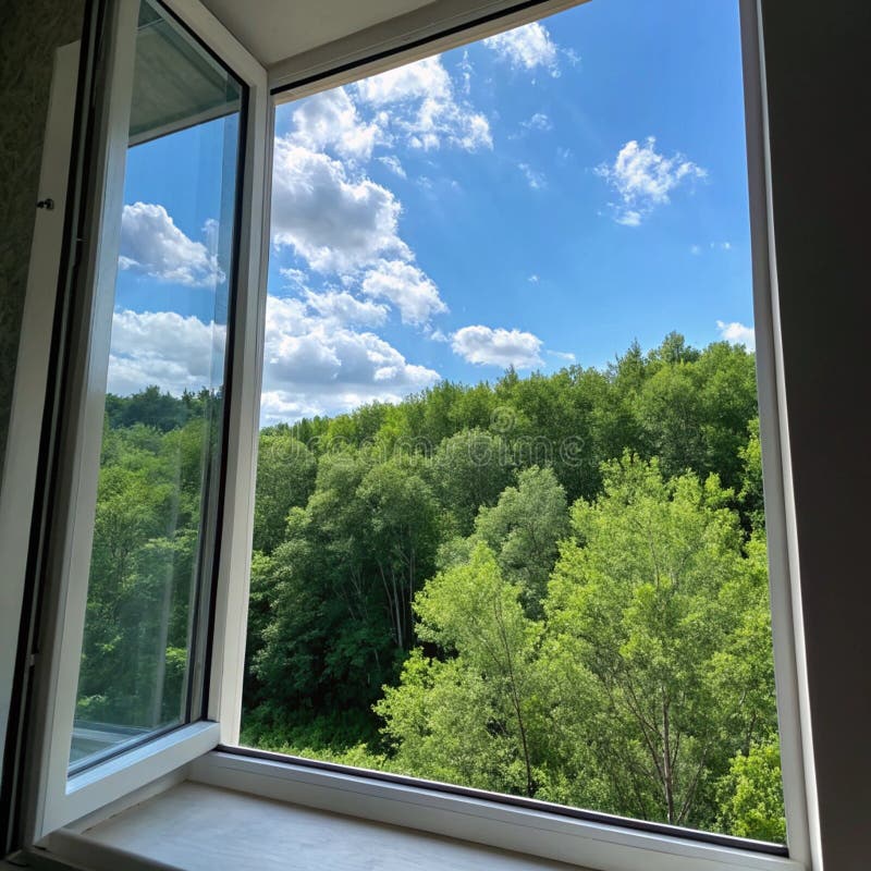 Window Overlooking Green Forest and Blue Sky Stock Illustration ...