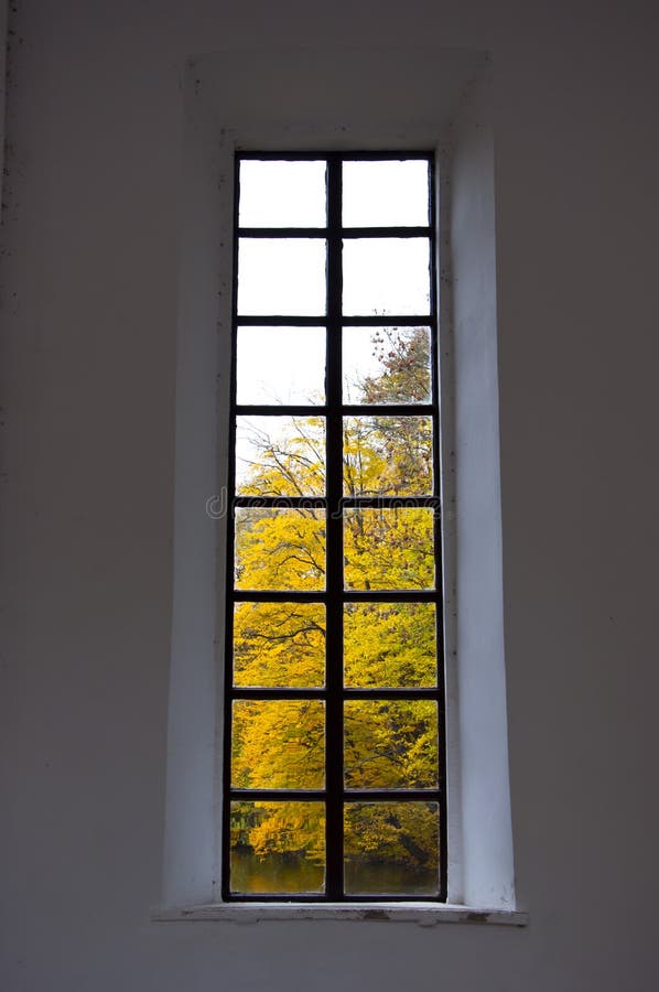 Window with Autumn Nature Landscape. Trees with Yellow Leaves Stock ...
