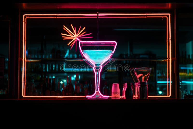 Window of Bar with Glowing Neon Cocktail Glass Shaped Sign Stock ...