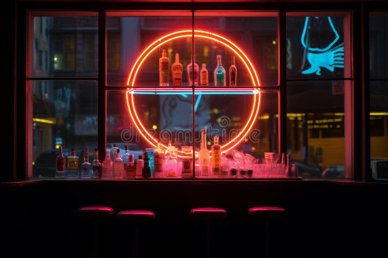 Window of Bar with Glowing Neon Sign Stock Illustration - Illustration ...