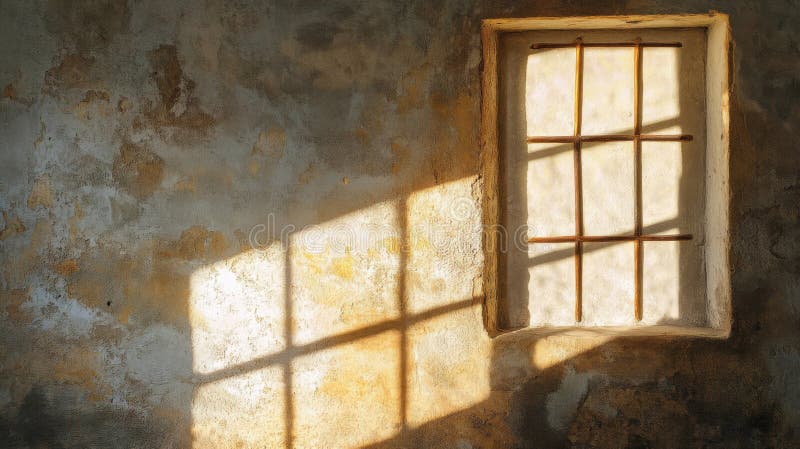 A Window with Bars Casting a Shadow on a Weathered Wall Stock ...