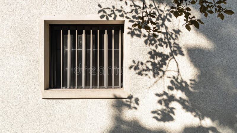 Window with Bars and Tree Branch Shadow on White Wall Stock ...