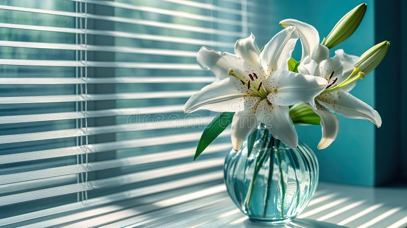 Window Blinds with Lily Flower in Vase, Interior Design, with Copy ...