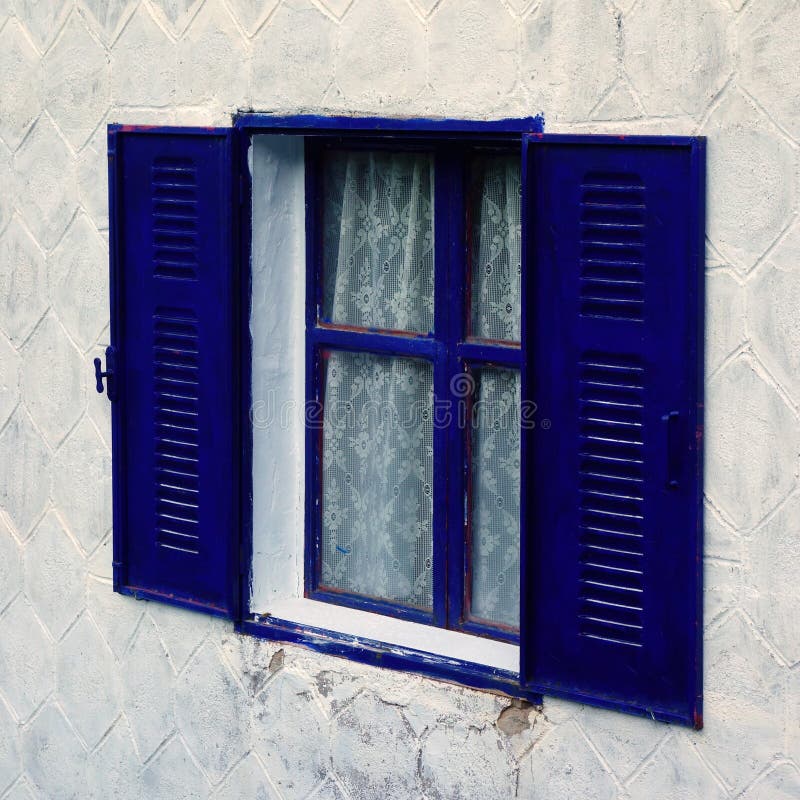 Window with Blue Frame and Shutters Stock Image - Image of window ...