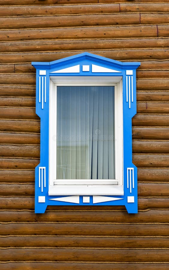 A Window with Blue Wooden Frames Vintage Wooden House of Logs Stock ...