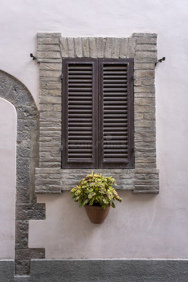 Window with Brown Window Shutters and a Flower Pot in a Concrete Wall ...