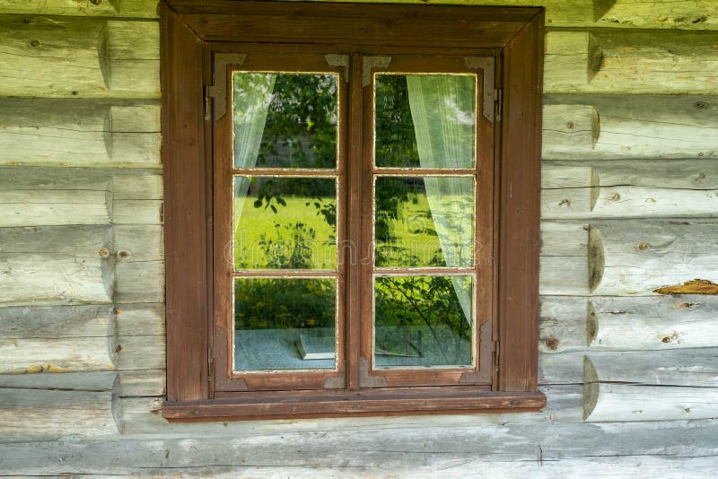 Window with Brown Shutters in Old Wooden Wall Stock Image - Image of ...