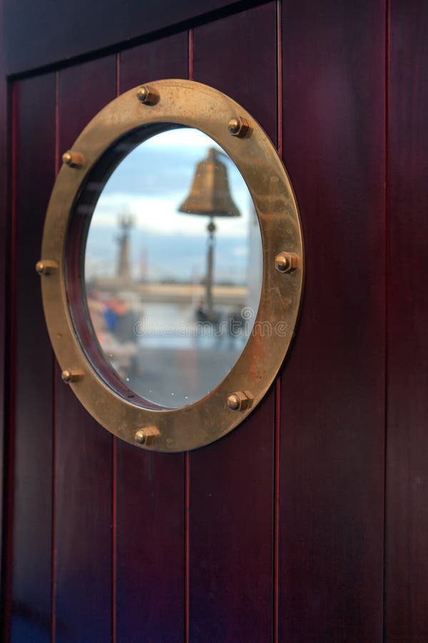 Porthole Ship Window on Wooden Doors, Sky Reflection Stock Photo ...