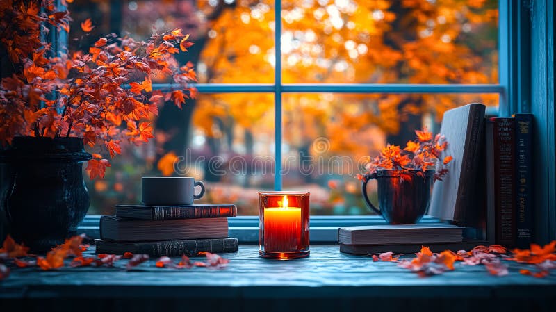 Window with a Candle and a Few Books on a Table Stock Photo - Image of ...