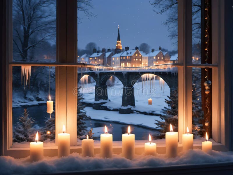 A Window with Candles and a Bridge in the Background. Generative AI ...