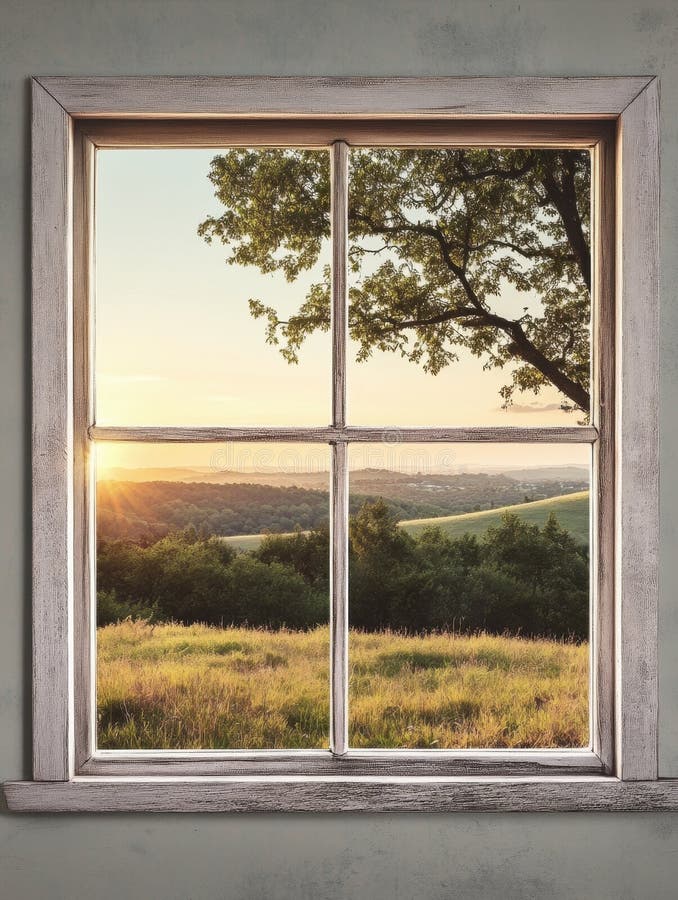 The Window Captures a Breathtaking Countryside View at Sunset ...
