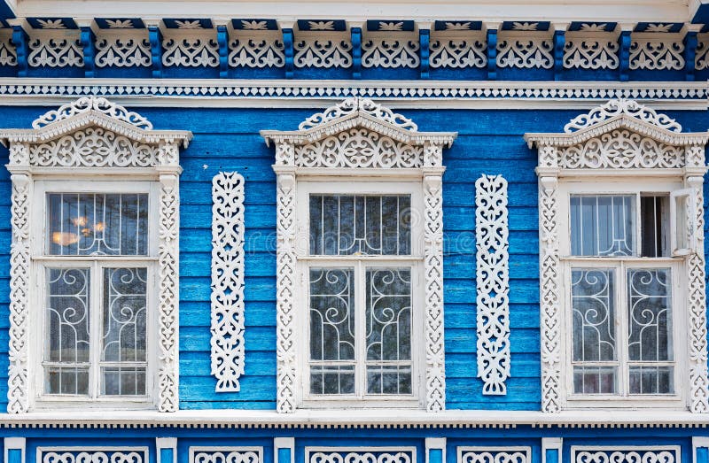 Window with Carved Patterns on Old Blue Wooden House Stock Image ...