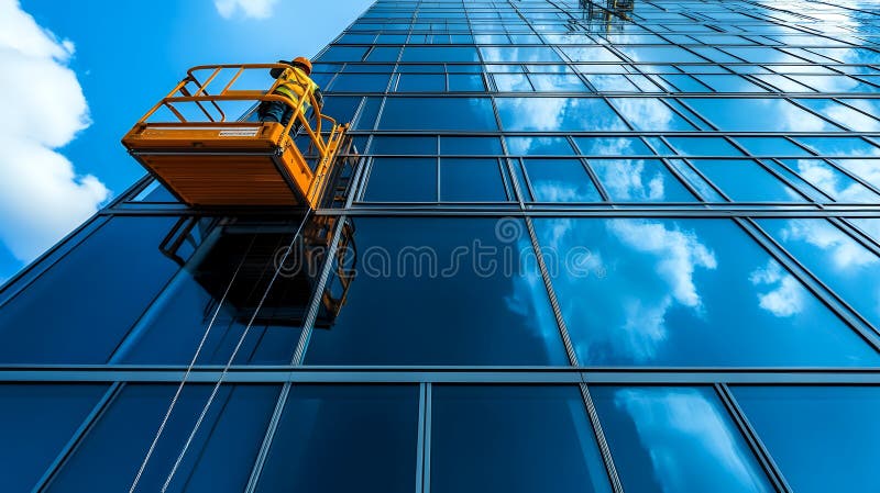 A Window Cleaner on a Scaffold Cleans the Glass Facade of a Skyscraper ...