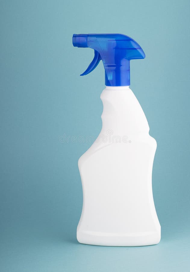 Window Cleaner in a White Plastic Bottle with a Spray on a Blue White ...
