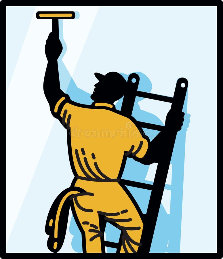 Window Cleaner Worker Cleaning Ladder Retro Stock Vector - Illustration ...
