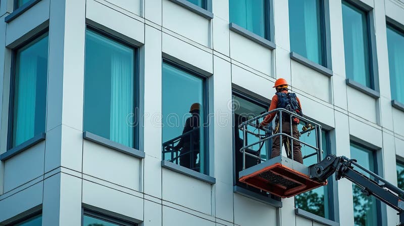 Window Cleaner Working on High-Rise Building in Lifting Platform Stock ...