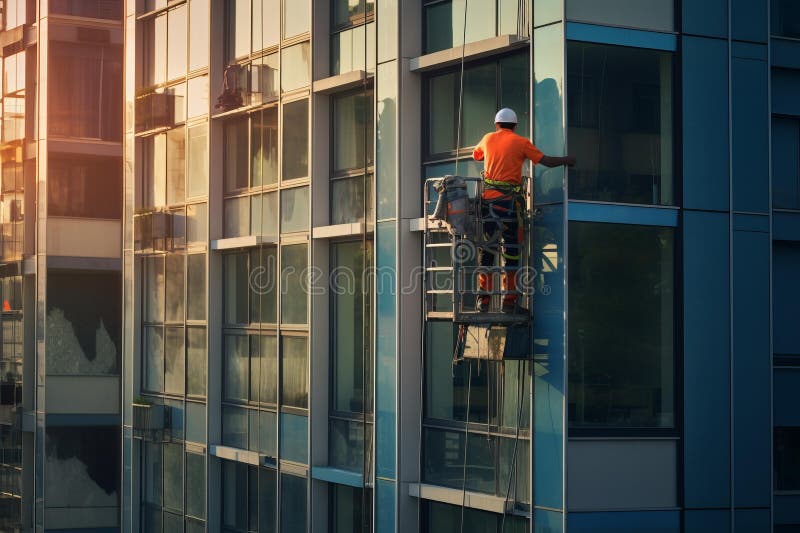 Window Cleaner Working on a High-rise Building at Sunset Stock Photo ...