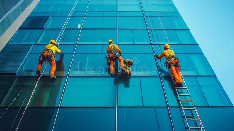 Window Cleaners Working on a Modern Glass Building Stock Illustration ...