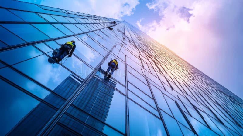 Window Cleaners Working on a Modern Glass Skyscraper Stock Illustration ...