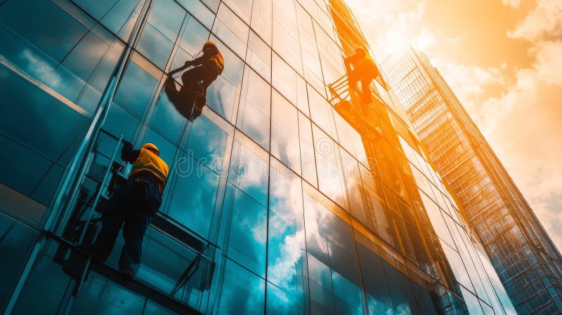 Window Cleaners Working on a Tall Glass Building Stock Illustration ...