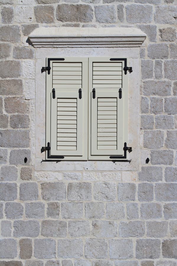 Closed Window with White Wooden Shutters Close Up Vertical. Stock Image ...
