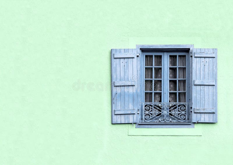 French Window with Blue Shutters Stock Image - Image of painted, blue ...