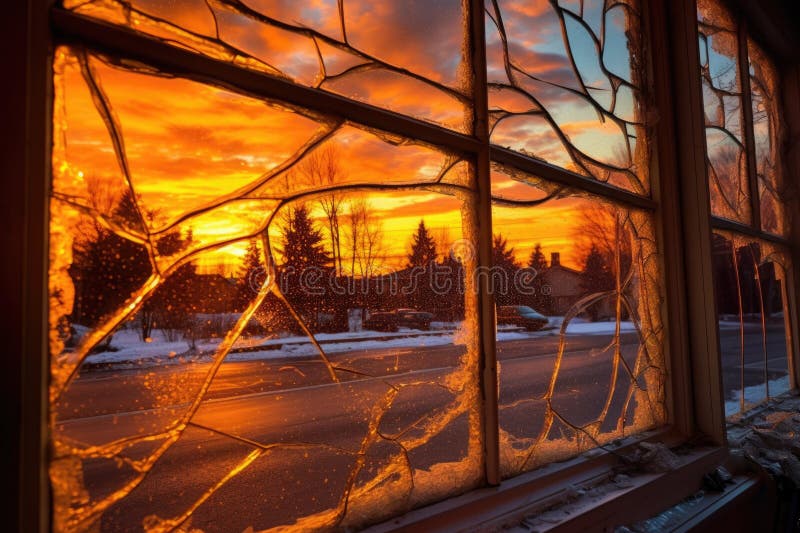 Window with Cracked Glass and a Beautiful Sunset Reflection Stock ...