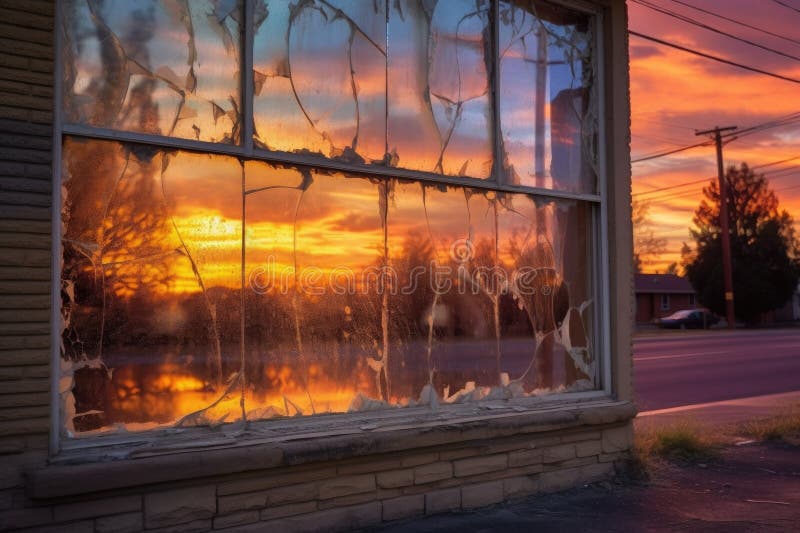 Window with Cracked Glass and a Beautiful Sunset Reflection Stock ...