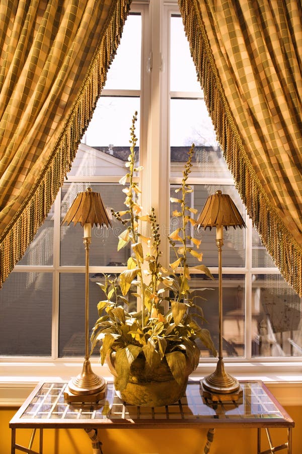 Window with Curtain and Plant in Home. Stock Image - Image of ...