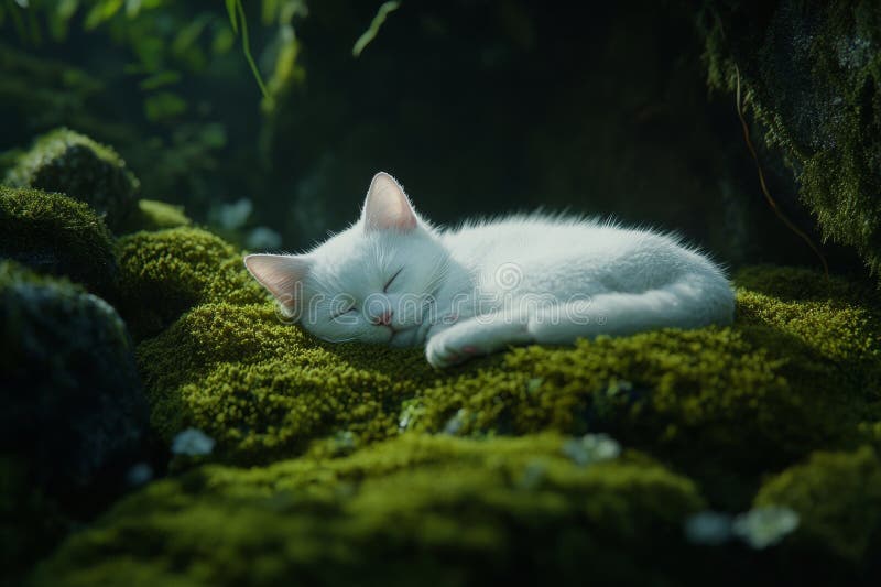 By a Window, a Cute White Cat Has Fallen Asleep in a Cozy, Overgrown ...