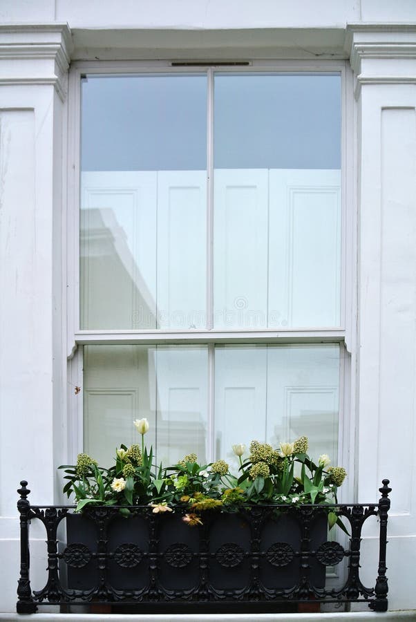 Window with Decorative Flower Pots Stock Photo - Image of architecture ...