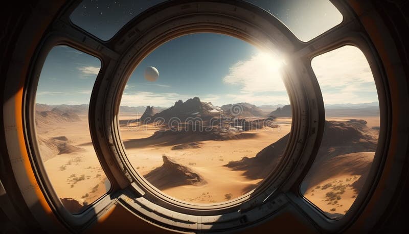 Window in the Desert with View of the Planet Mars and the Moon Stock ...