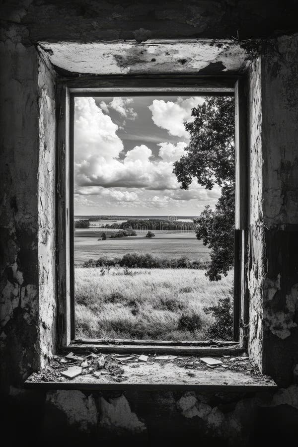 Window of a Deserted Building Overlooking Trees and a Field Stock Photo ...